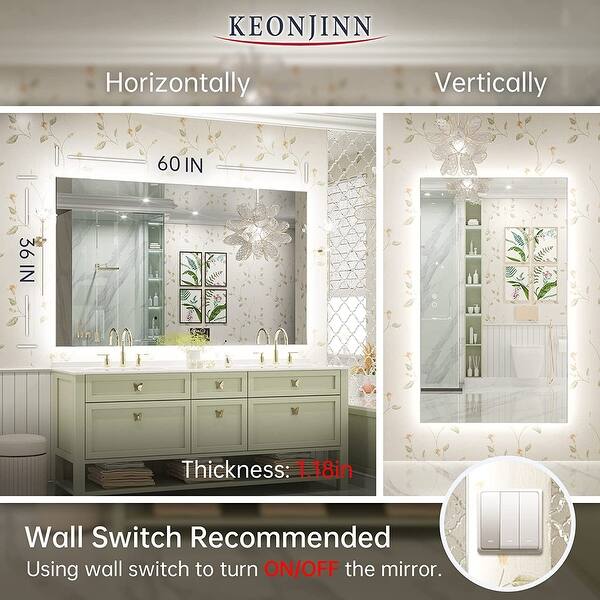 Keonjinn LED Backlit Bathroom Vanity Mirror Anti-Fog Dimmable Lighted ...