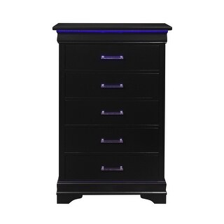 HomeRoots 16" Black Solid Wood Five Drawer Chest with LED Lights - Bed ...