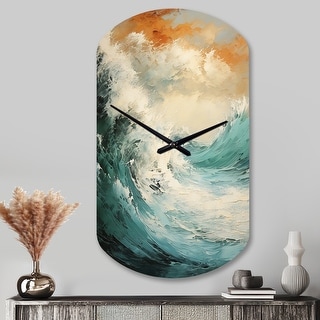 Modern Coastal Blue And Gold Wave - Coastal Ocean Large Wall Clock in ...