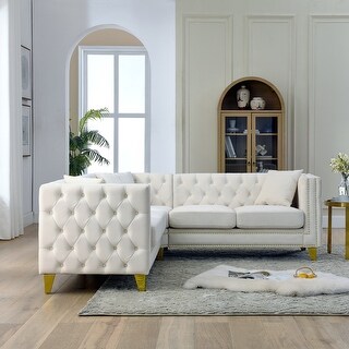 L-Shaped Beige Sectional Sofa Sets Velvet Corner Lounge Sofa 5-Seater ...