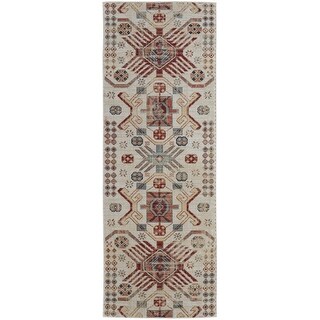 8' Ivory Red And Tan Abstract Power Loom Distressed Stain Resistant ...