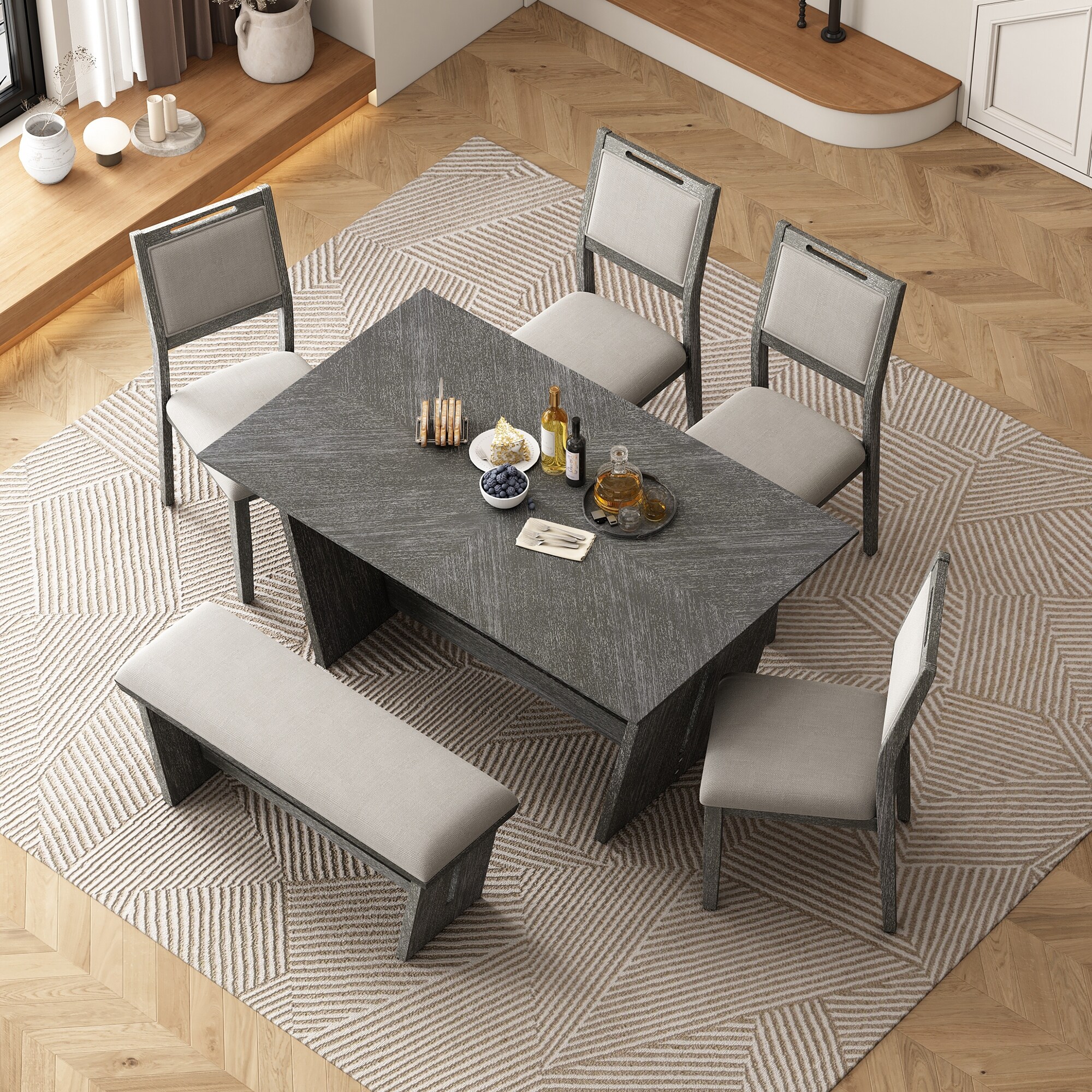 Gray 6 Piece Dining Table Set with Chairs and Upholstered Bench