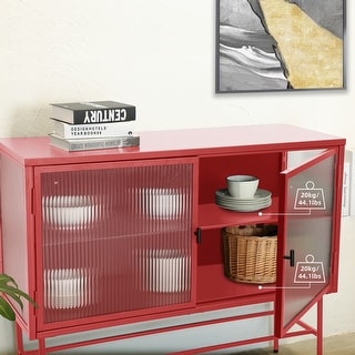 Red Credenza Sideboard Buffet With Two Fluted Glass Doors Detachable ...