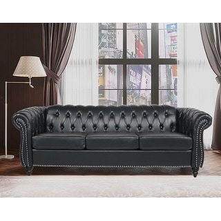 84" PU Leather 3-Seat Sofa with Silver Studs Trim, Button Tufted Back ...