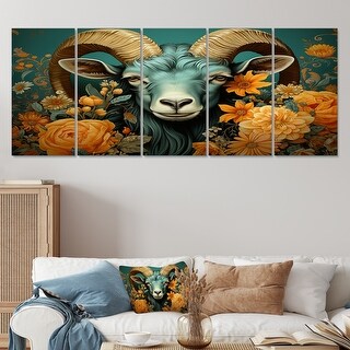 Designart "Blue And Orange Goat Modern Portrait" Goat Set Of 5 - Modern ...