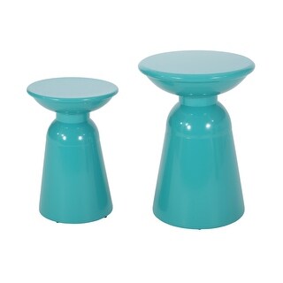 Mio Patio Side End Table Set of 2, Teal Blue Iron Flared Pedestal Base ...