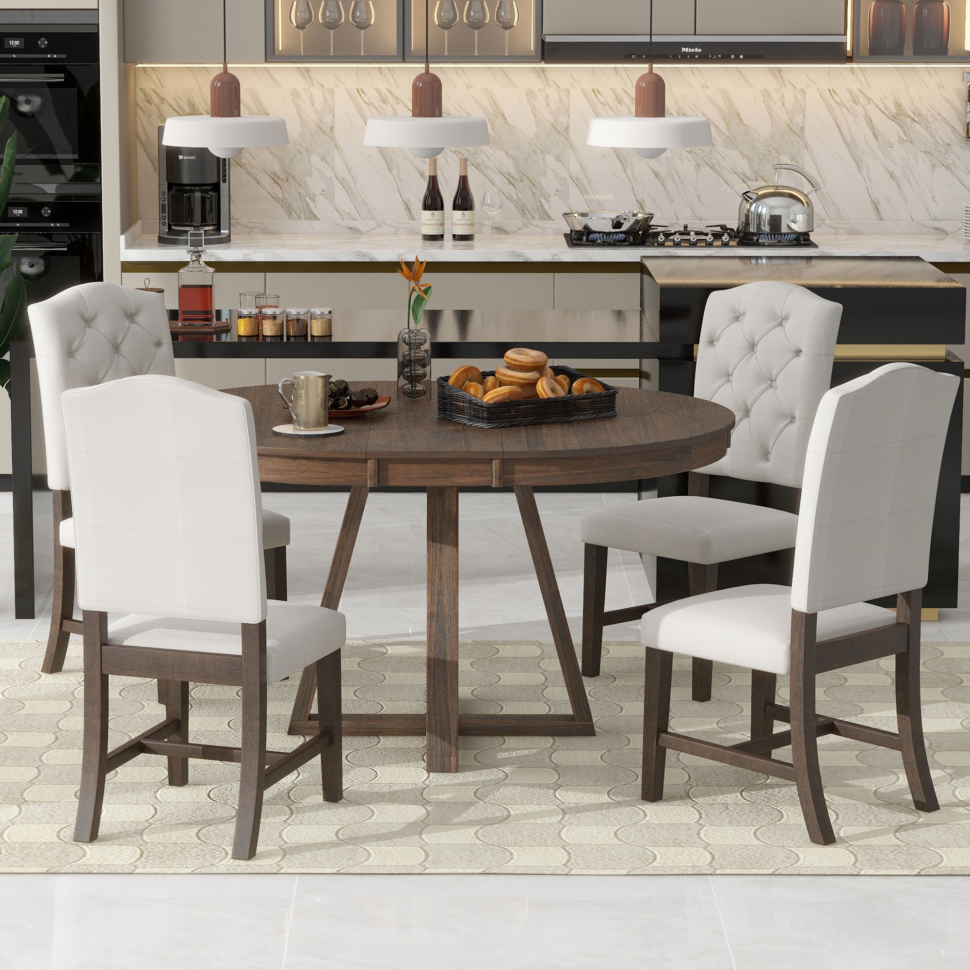 Solid Wood Extendable Round Dining Table Set for 4 6 Persons 5 Piece Kitchen Dining Set with 4 Upholstered Chairs 16 W Leaf