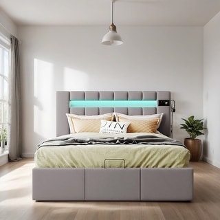 Full Size Velvet Upholstered Bed with LED light Bluetooth Player and ...