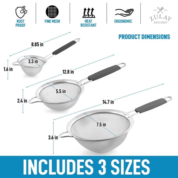 Zulay Kitchen Premium Stainless Steel Fine Mesh Strainer Set - Bed Bath ...