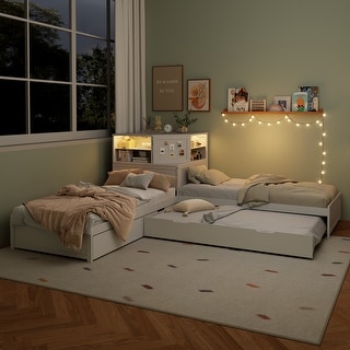 L-shaped Twin Size Floor Bed with Bookcase Built-in Downlights, 3-in-1 ...