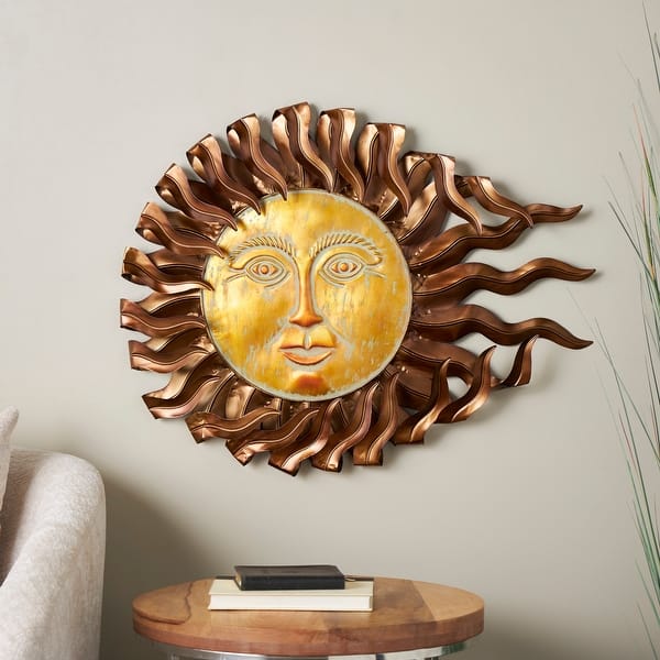 Copper Metal Sun Home Wall Decor with Gold Sun Face and Folded Wavy ...