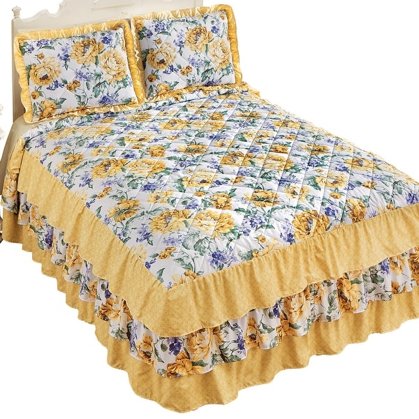Hannah Yellow Floral Cascading Triple Ruffle Bedspread - Bed Bath ...