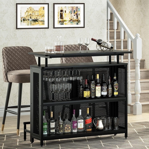 L-shape Home Bar Unit, Liquor Bar Table with 2-Tier Storage - N/A - On ...