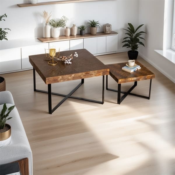 Wood Splicing Square Coffee Table w/ Cross Legs Metal Base (Set of 2 ...