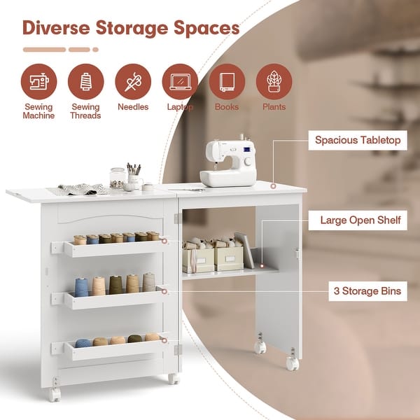 Costway White Folding Sewing Craft Table with Storage Shelves Cabinet ...