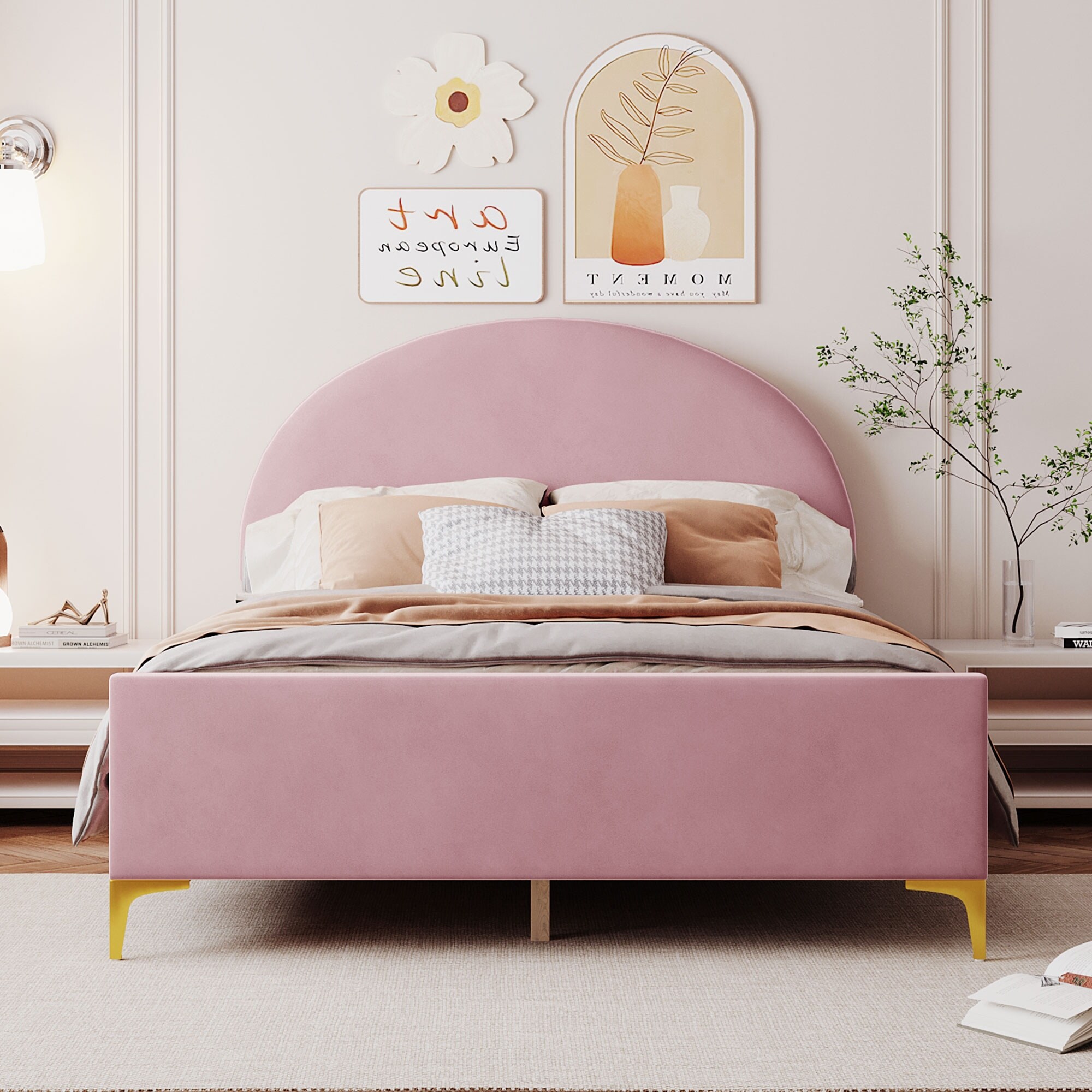 Full Velvet Platform Bed w Semi circle Shaped Headboard Mental Legs Pink