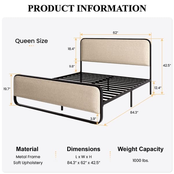 Queen Platform Metal Bed Frame with Curved Upholstered Headboard and ...