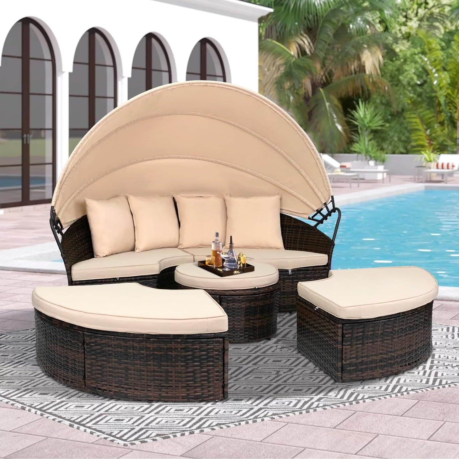 Nuon 4 Piece 5 Piece Outdoor Black Brown Wicker Patio Canopy Daybed Set by Havenside Home