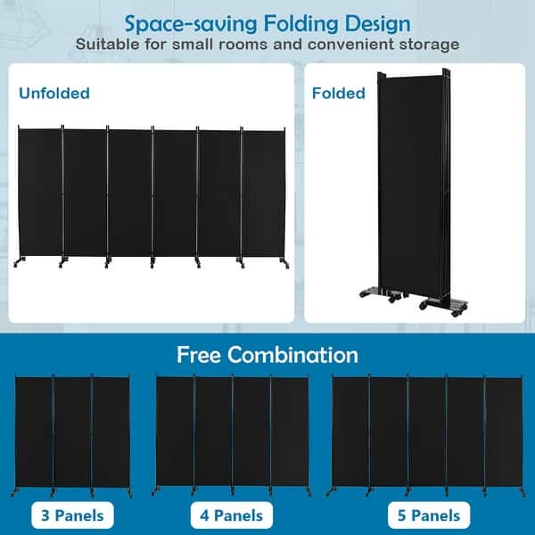 6-Panel Folding Room Divider 6FT Rolling Privacy Screen with Wheels ...