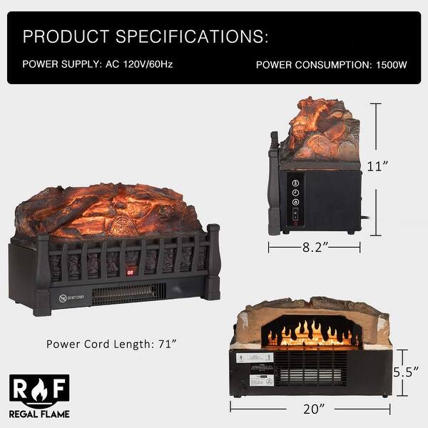 Regal Flame 20 Inch Electric Fireplace Log Realistic Ember Bed Insert ...