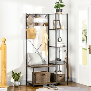 HOMCOM Industrial Hall Tree with Side Storage Shelves, Entryway Bench ...