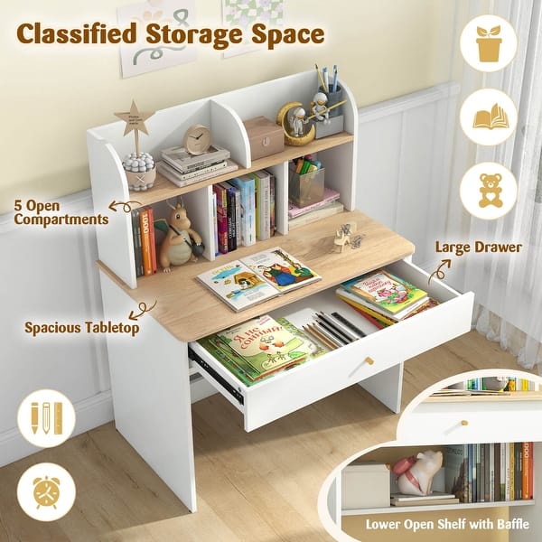 Costway Kids Wooden Study Desk Children Writing Table with Hutch ...