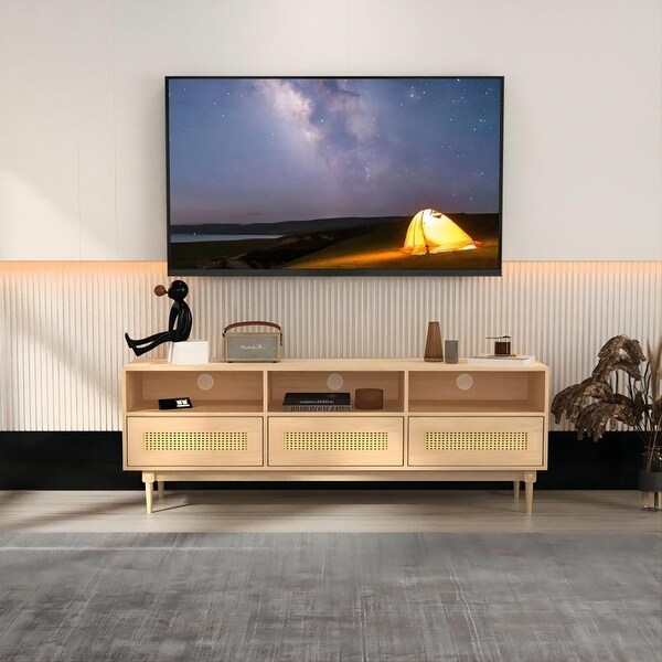 Oak Rattan TV Stand for 65 70 inch TVs Entertainment Cabinet Console with Hidden Storage Drawers and Boho Chic Design Bed Bath Beyond 38353800
