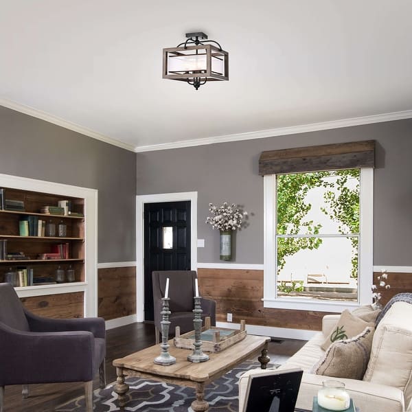Alina Antique Black Metal Natural Wood Flush Mount with Fabric Shade ...