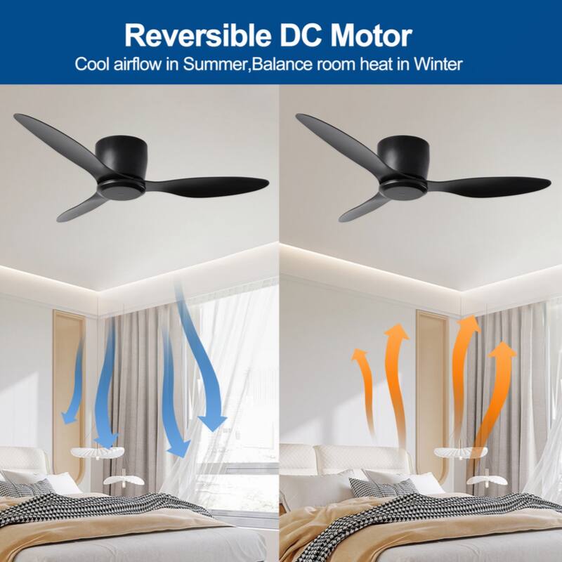 52" Flush Mount Ceiling Fan without light, 3 Reversible Blades, with 6 ...