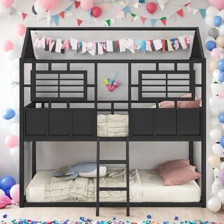 Twin over Twin Modern Metal Low Bunk Beds with Roof and Fence-shaped ...