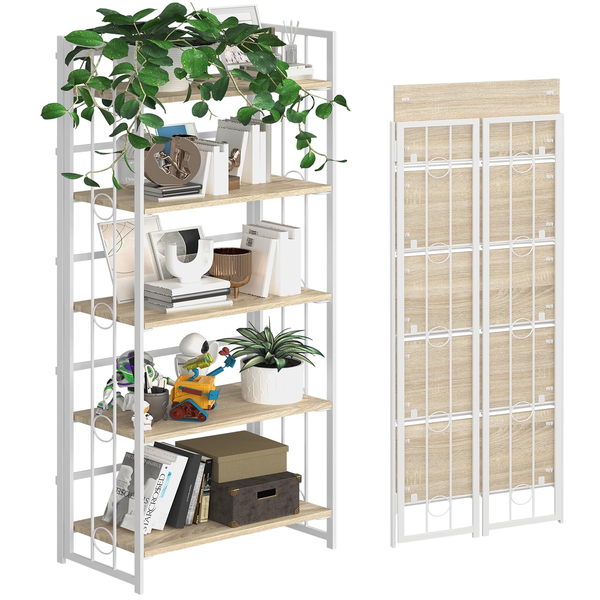 No-Assembly Folding Bookshelf Storage Shelves 4 Tiers Vintage ...