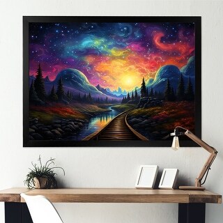Designart "Starry Night Train Tracks To The Sky I" Train Blue Wall ...
