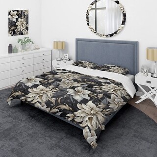 Designart "Deep Black Silver Flowers Elegance" White Glam Bedding Set ...