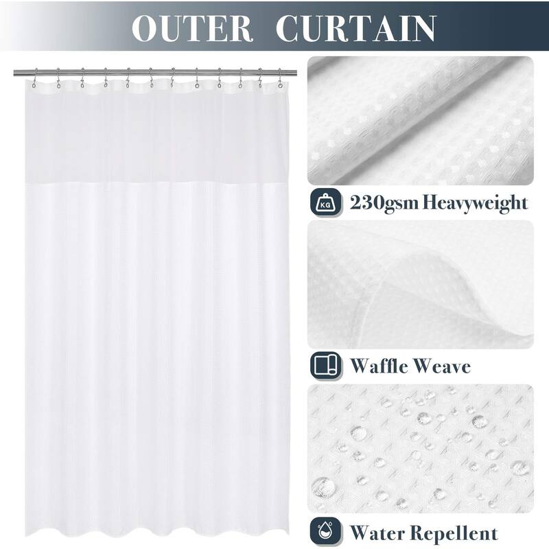 Waffle Weave Shower Curtain Set, 71x72, White, Snap-In Liner, 12 Hooks ...