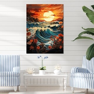 Designart "Orange Japanese Waves In Sunset Blooms I" Coastal Sunset ...