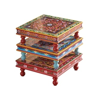 ART & ARTIFACT Indian Stacking Table Hand Painted Low Accent Table, 15 ...