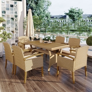 7 Piece Patio Furniture Dining Set, Outdoor Garden PE Rattan Wicker Dining Table Set,Wood ...