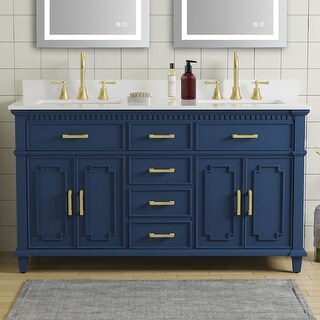 ExBrite 60 Inches Blue Bathroom Vanities With Solid Wood Lockers,Marble ...