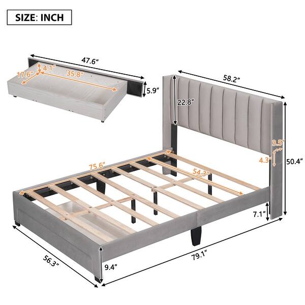 Elegant Velvet Upholstered Platform Bed With A Big Drawer Wood Storage