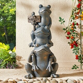 28" H Bronze MgO Lucky Stacked Frogs Garden Statues with "Welcome" Sign ...