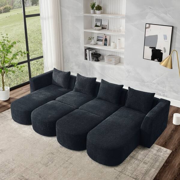 Minimalist Loop Yarn Fabric Black Modular Sectional Sofa with Ottoman ...