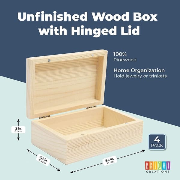 4 Pack Unfinished Natural Wooden Boxes with Hinged Lids for Storing ...