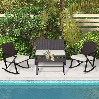 4PCS Patio Rattan Wicker Rocking Chairs Loveseat Table Rocker - Bed ...