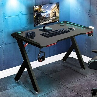 Ergonomic Gaming Desk with RGB Led Lights Workstation Black - Bed Bath ...