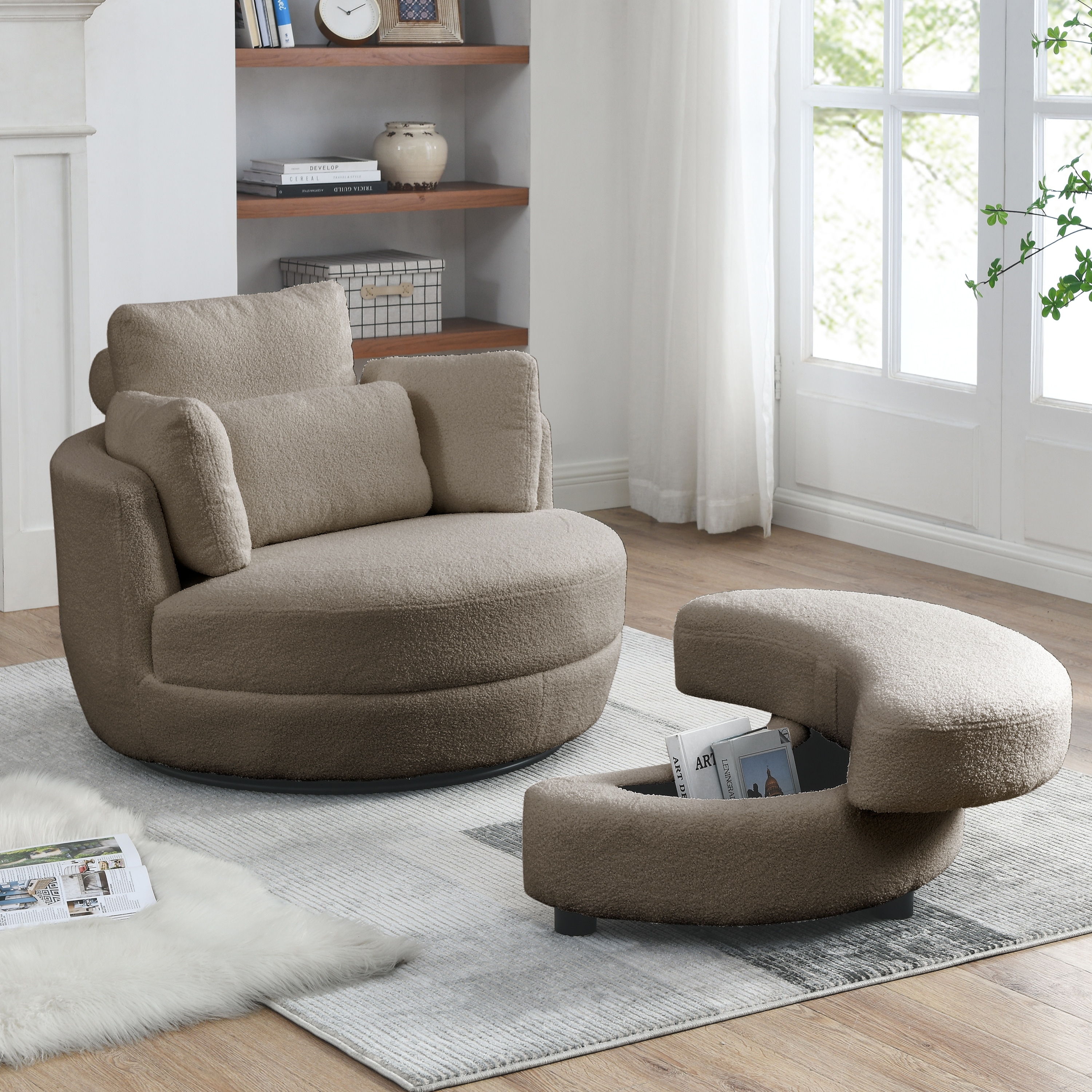 39" Width Oversized Swivel Chair with moon storage ottoman and 4 ...