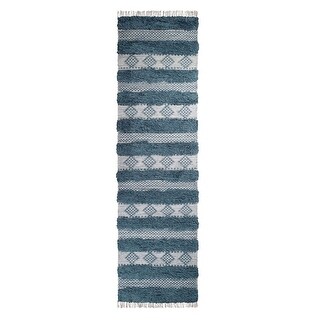 HomeRoots 10' Blue And Ivory Wool Striped Flatweave Handmade Stain ...