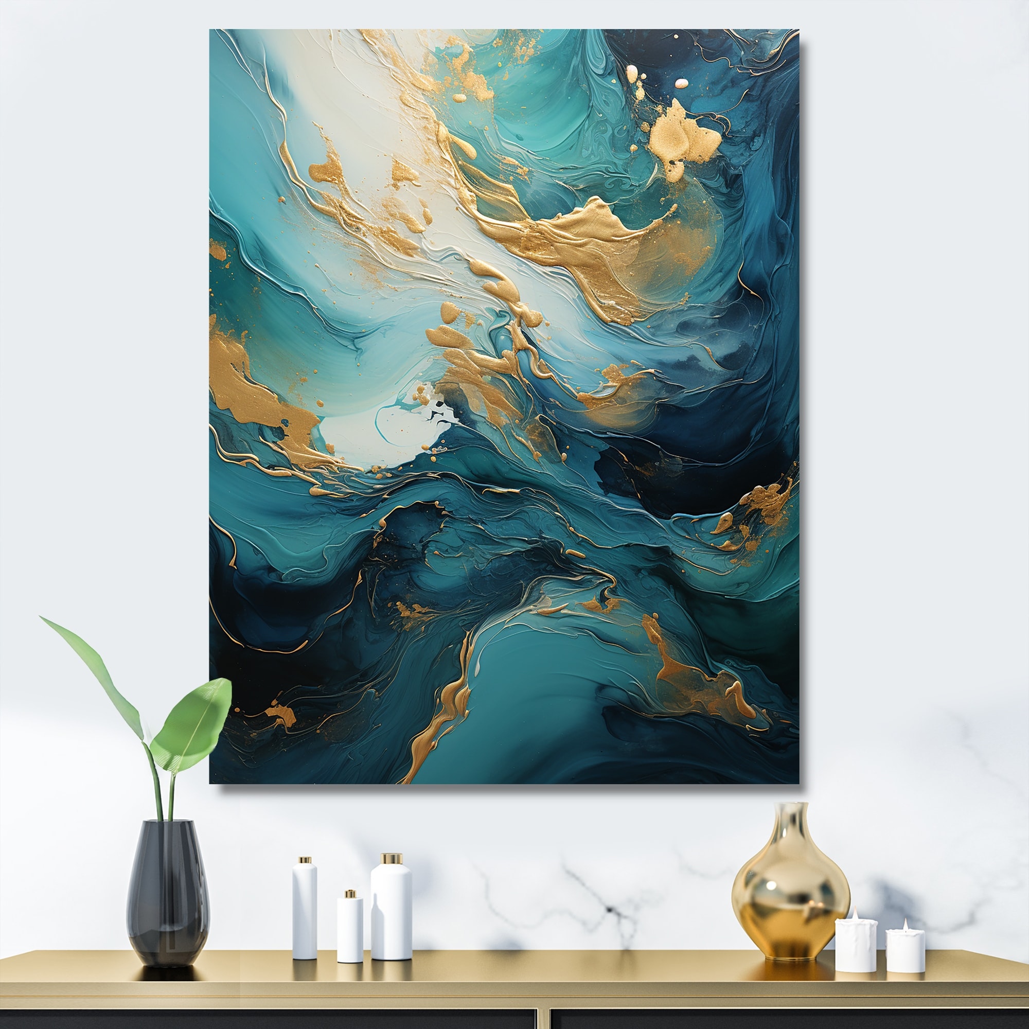 Designart "Gold Teal Abstract Spirals I" Abstract Spirals Canvas Print ...