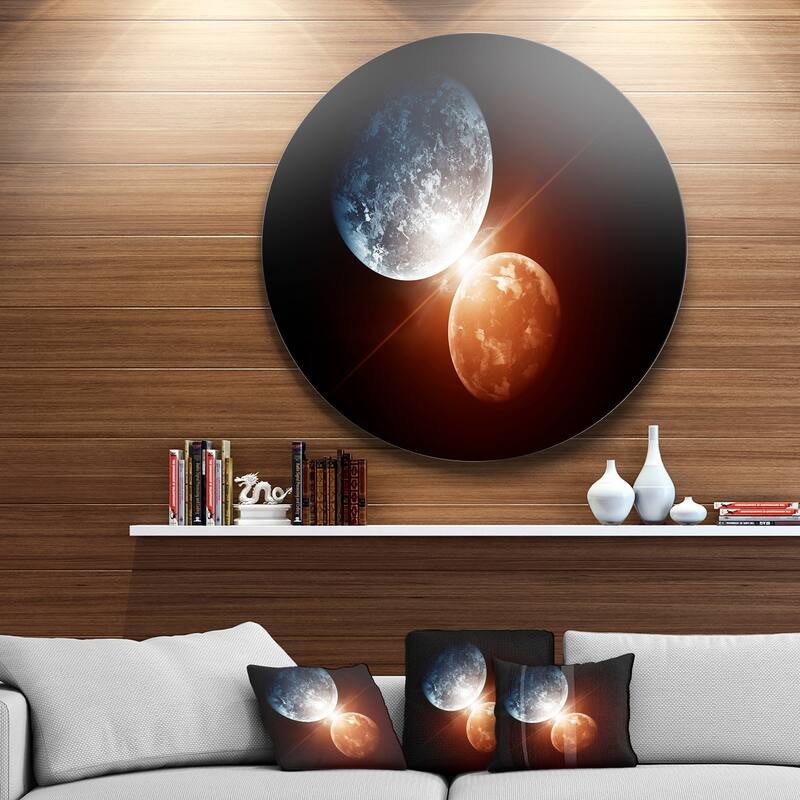 Designart 'Kiss Between Two Planets' Modern Spacescape Round Metal Wall ...