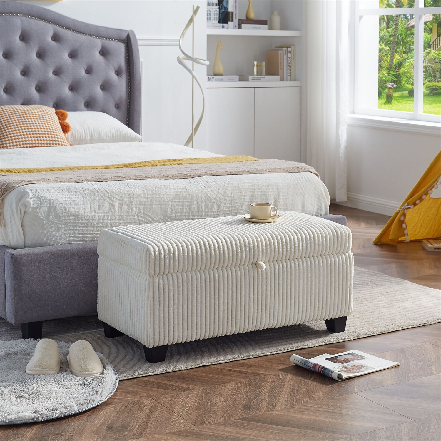 Sturdy and Durable Storage Ottoman Bench with Large Storage Gray Beige