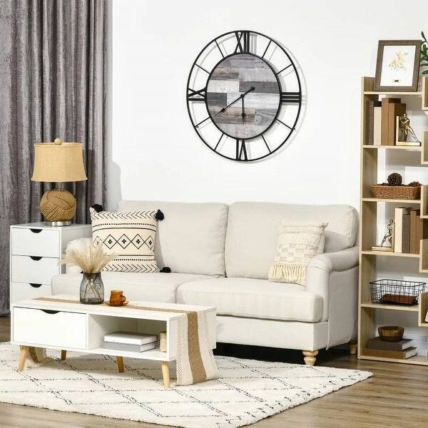 Large 32-inch Roman Numeral Wall Clock Black Metal with Grey Wood ...